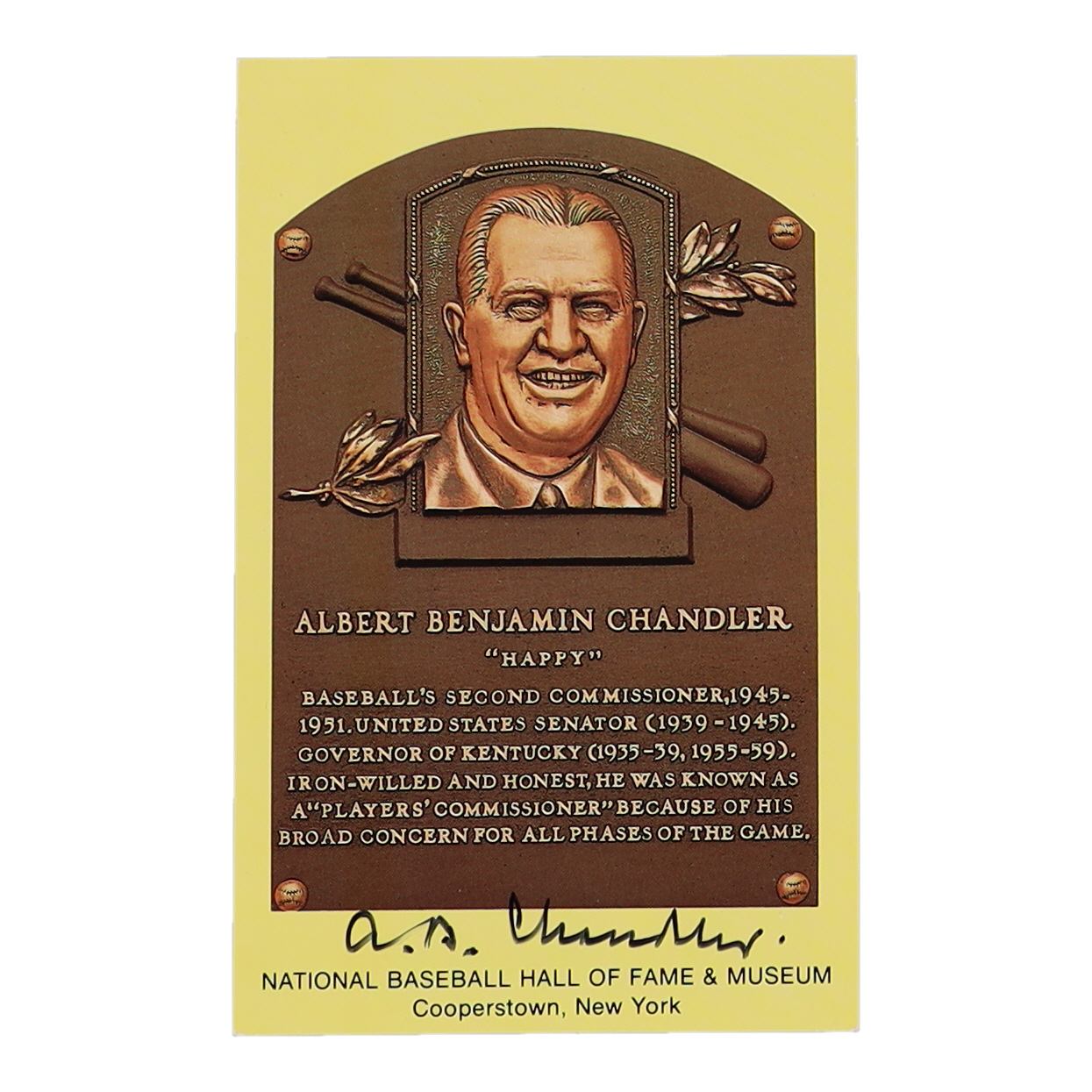 Albert "Happy" Chandler Signed Hall of Fame Plaque Postcard (Beckett ...