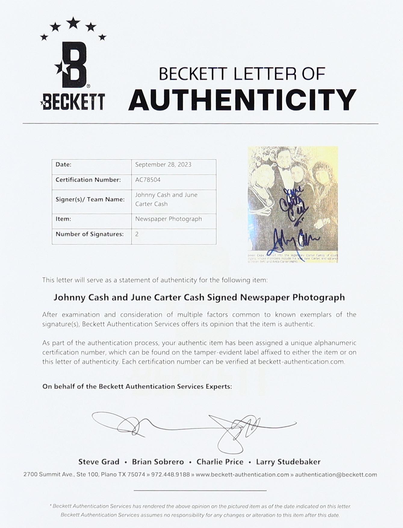 Johnny Cash & June Carter Cash Signed Custom Framed Newspaper Cut ...