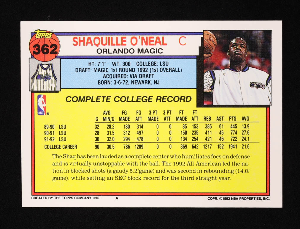 Shaquille O'Neal 1992-93 Topps #362 RC | Pristine Auction