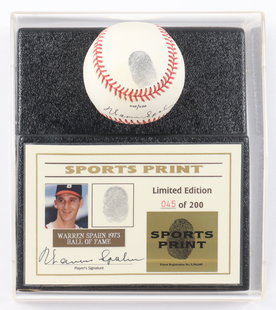 Warren Spahn Signed LE ONL Baseball Display with Thumbprint & Display ...
