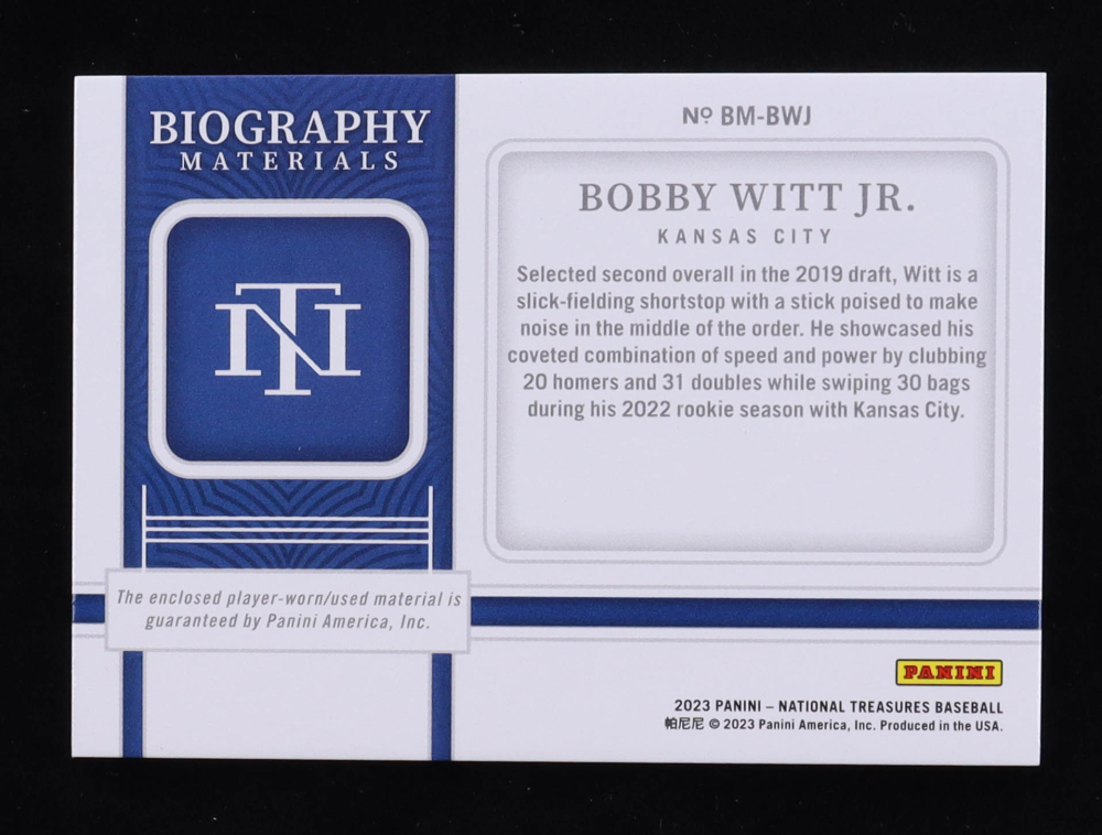 Bobby Witt Jr. 2023 Panini National Treasures Biography Materials Holo ...
