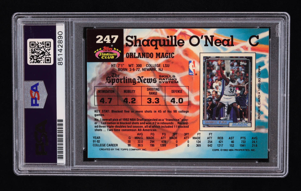 Shaquille O'Neal Signed 1992-93 Stadium Club #247 RC (PSA) | Pristine ...