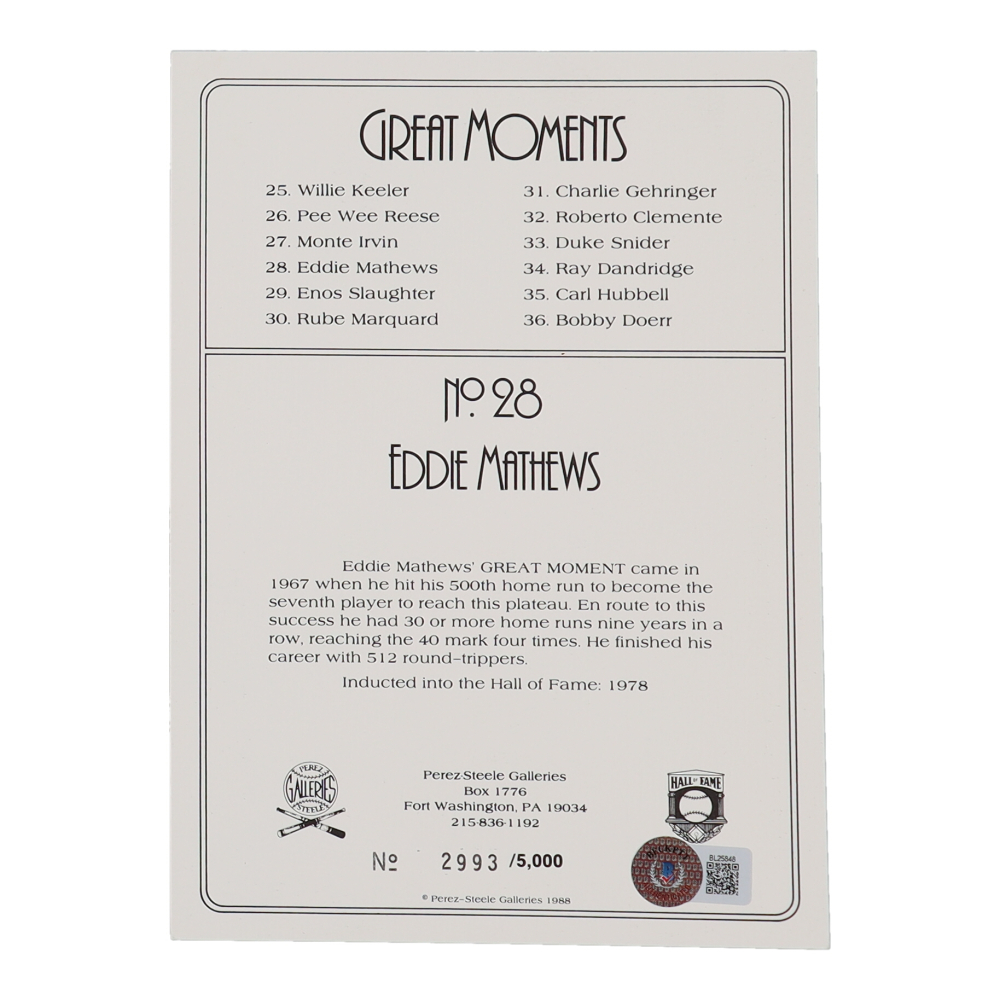 Eddie Mathews Signed LE 1988 Perez-Steele Great Moments #28 (Beckett ...