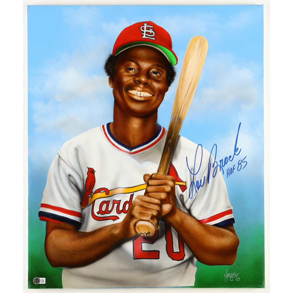 Lou Brock Signed Cardinals 20x24 Longordo Canvas Print Inscribed "HOF ...