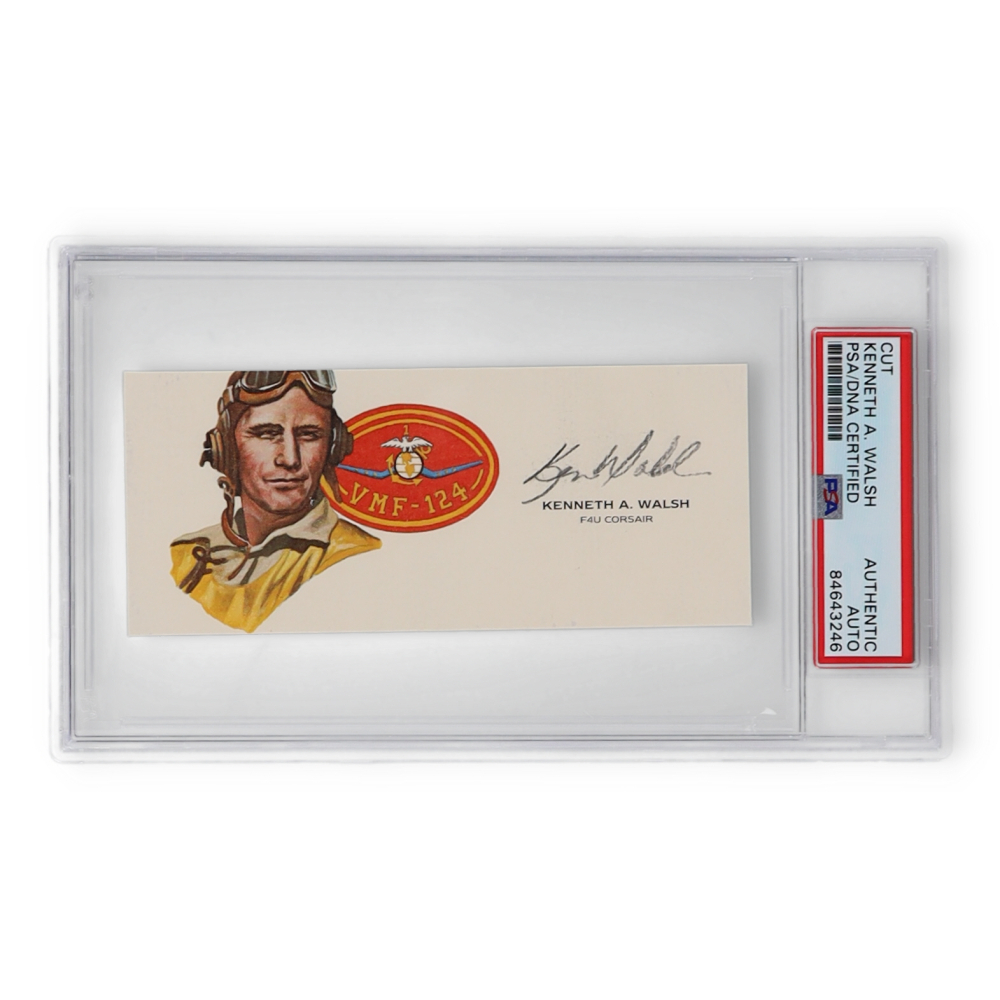 Kenneth Walsh Signed Cut With Portrait WWII USMC Ace 21 Victories (PSA ...