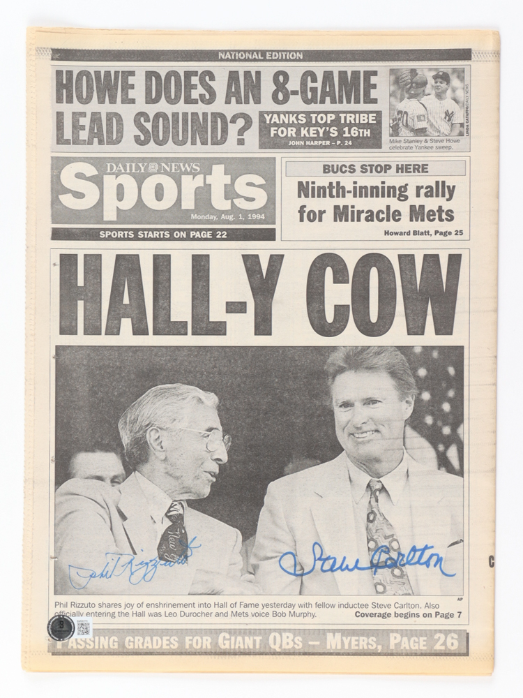 Phil Rizzuto & Steve Carlton Signed 1994 New York Daily News Full ...