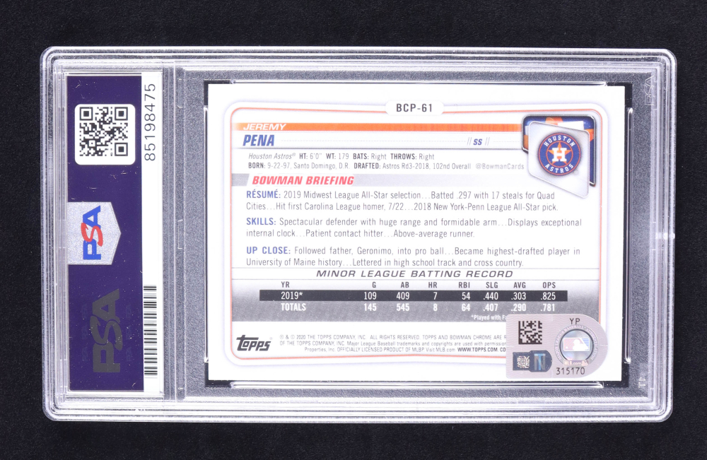 Jeremy Pena Signed 2020 Bowman Chrome Prospects #BCP61 RC (PSA & MLB ...