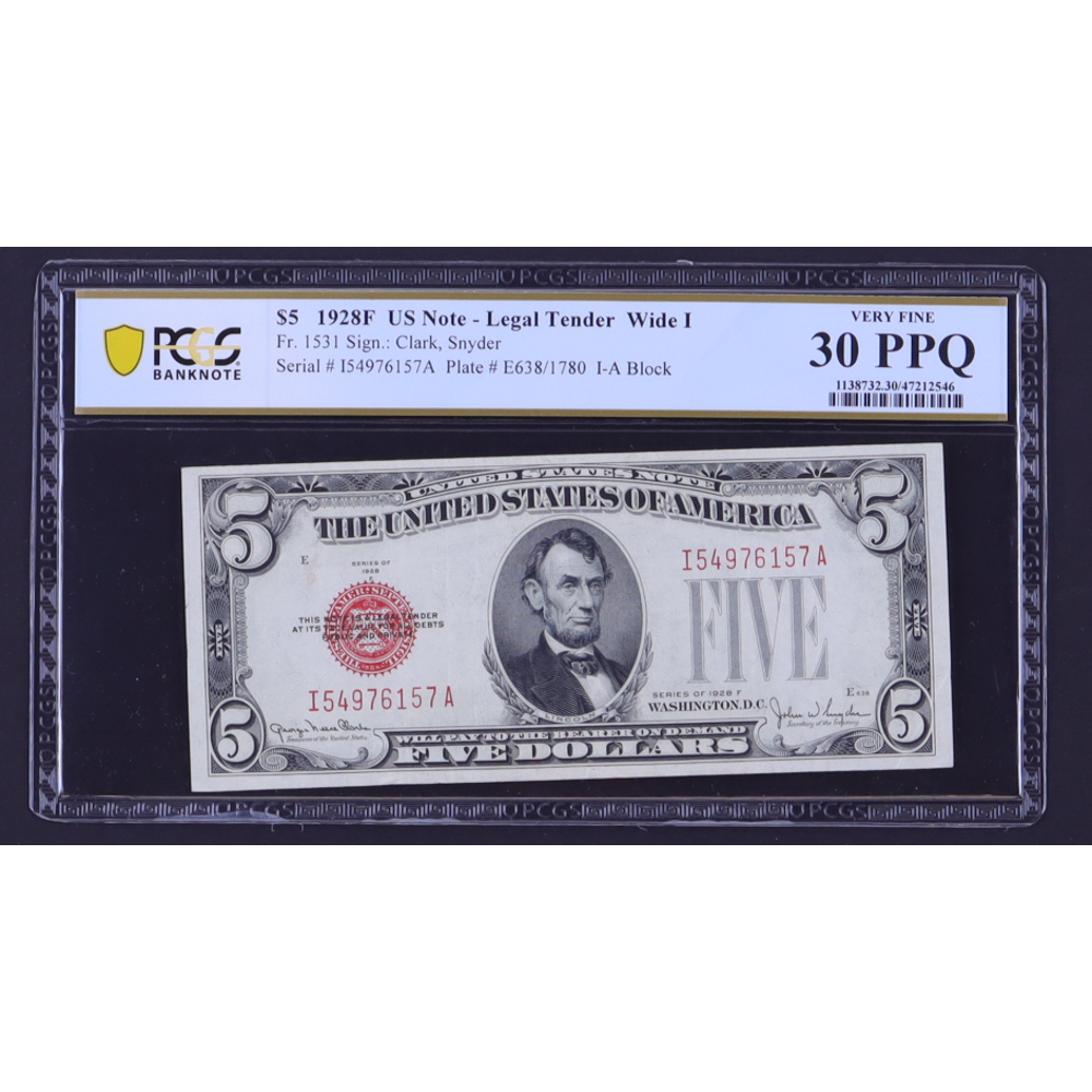 1928-F U.S $5 Legal Tender Note - Wide I - Red Seal (PCGS Banknote VF ...