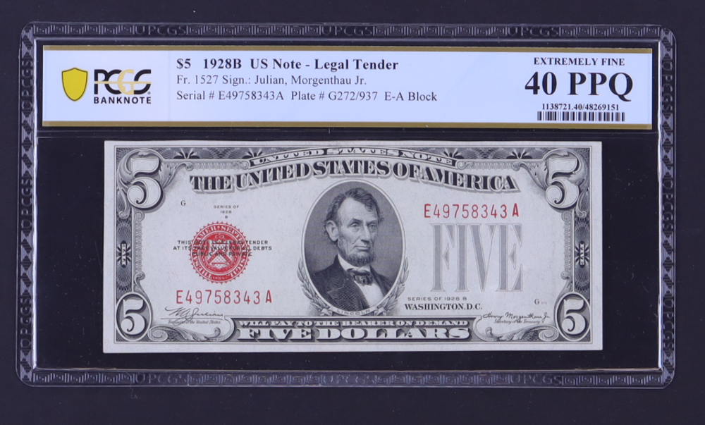1928-B U.S $5 Legal Tender Note - Red Seal (PCGS Banknote EF 40 PPQ ...