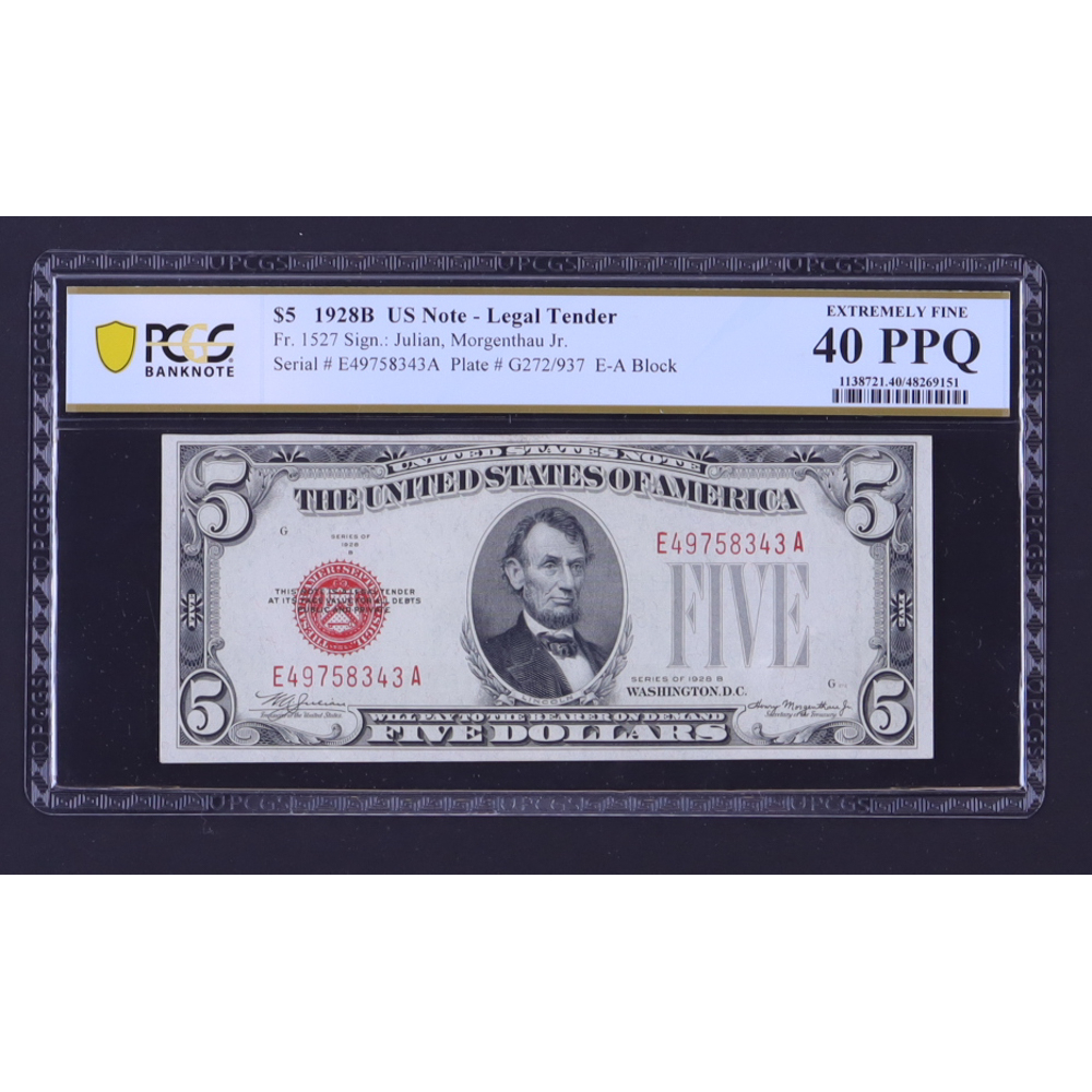 1928-B U.S $5 Legal Tender Note - Red Seal (PCGS Banknote EF 40 PPQ ...