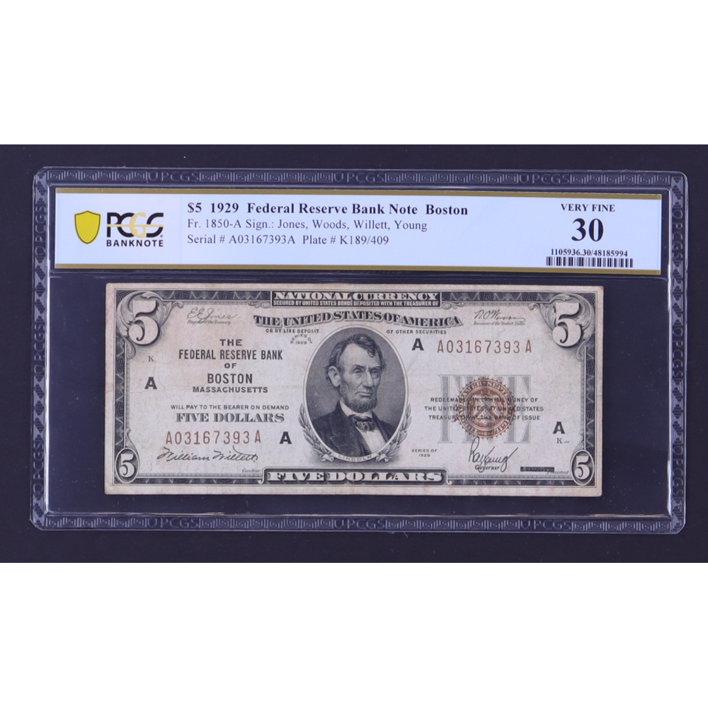 1929 U.S. $5 National Currency Note - Federal Reserve Bank of Boston ...