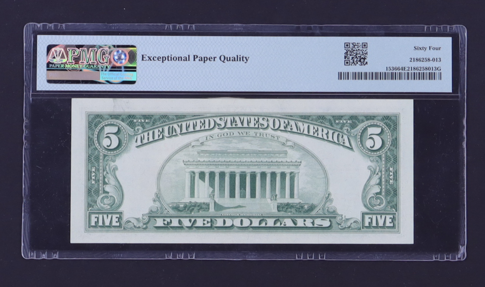 1963 U.S. $5 Legal Tender Note - Red Seal (PMG CHOICE UNC 64 EPQ ...