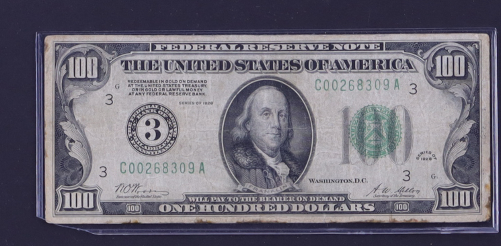1928 U.S. $100 Federal Reserve Note - Redeemable in Gold on Demand ...