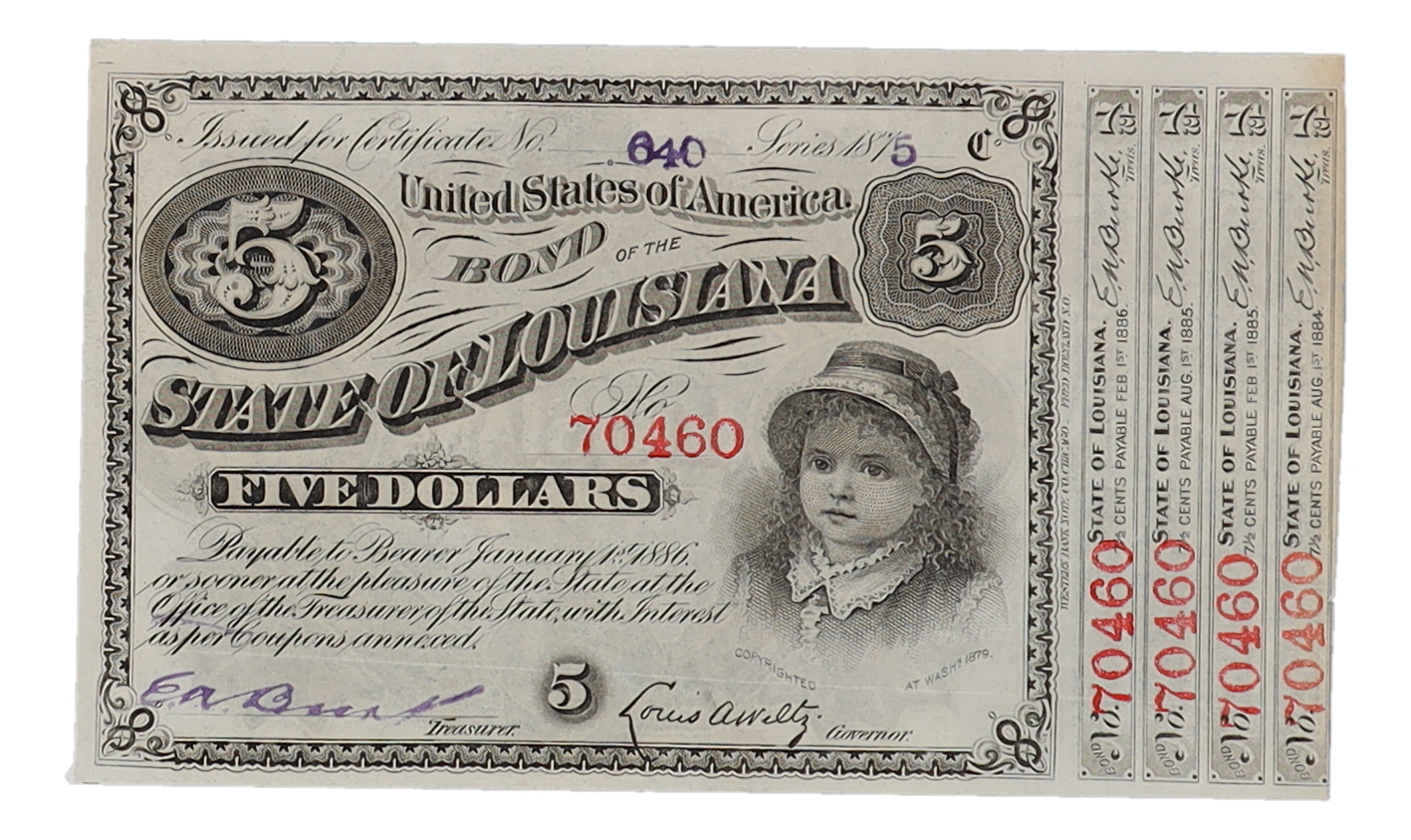 1875 Louisiana $5 Baby Bond Certificate | Pristine Auction