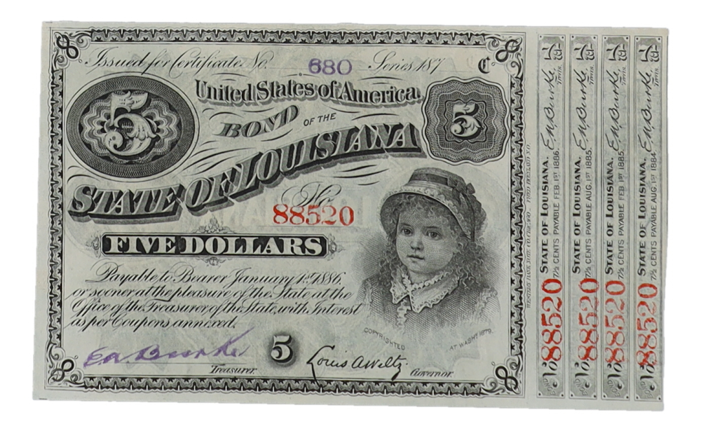 1875 Louisiana $5 Baby Bond Certificate | Pristine Auction