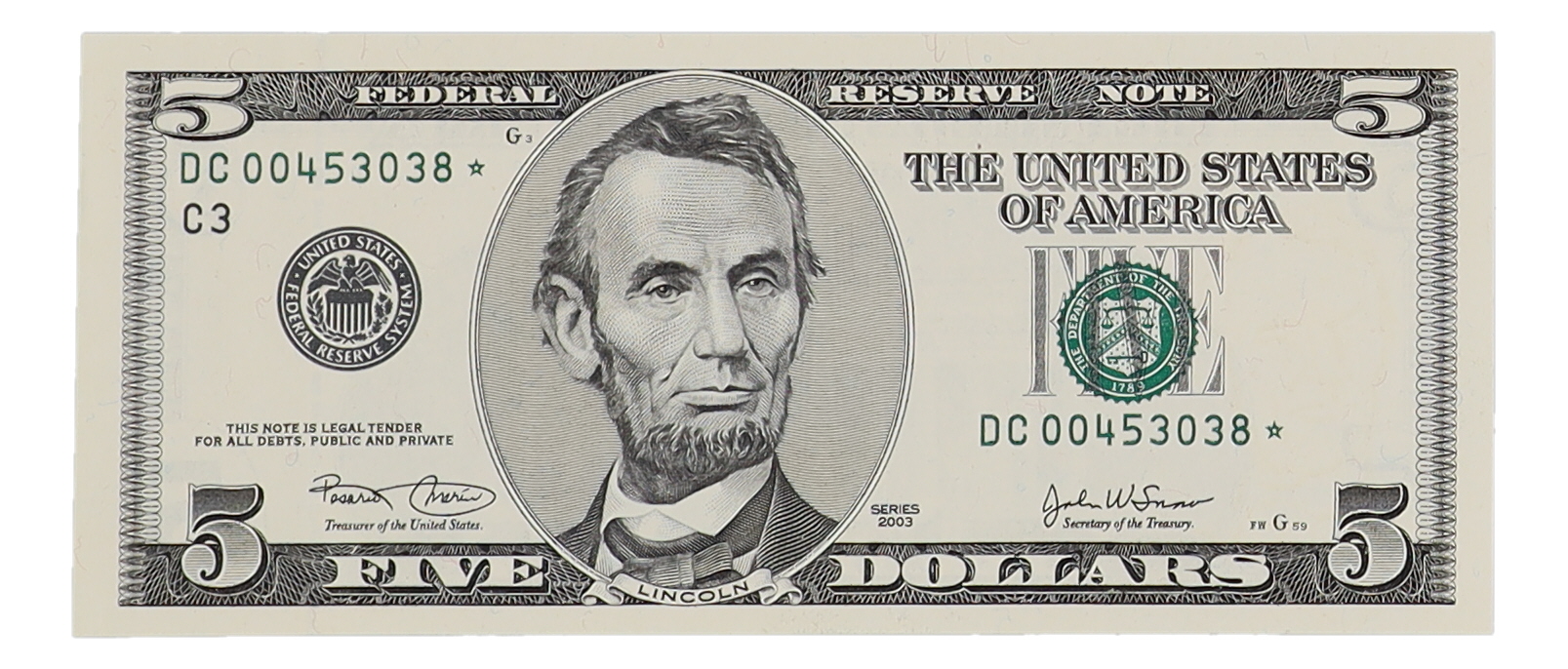 2003 U.S. $5 Five Dollars U.S. Federal Reserve "Star" Note | Pristine ...