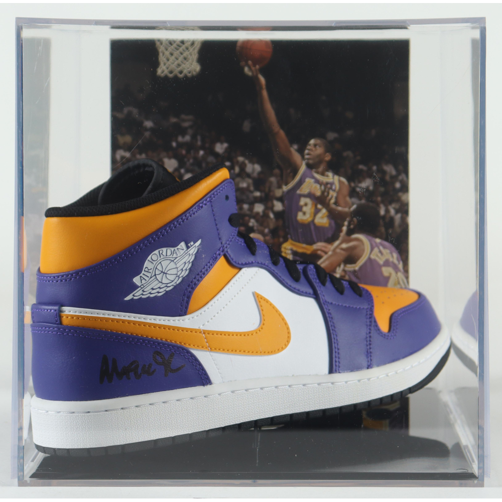 Magic Johnson Signed Nike Air Jordan Lakers Basketball Shoe In Photo ...