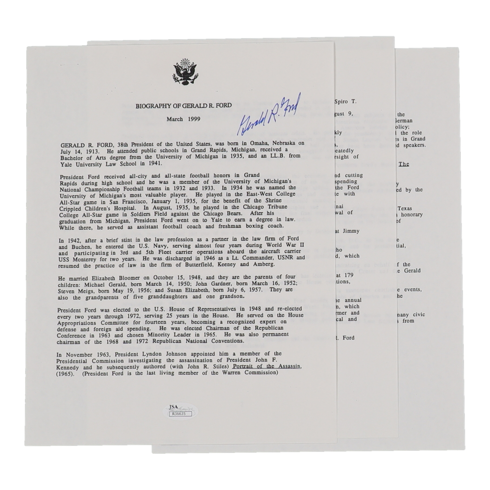 Gerald Ford Signed "Biography of Gerald Ford" 8x10 Typed Letter (JSA ...