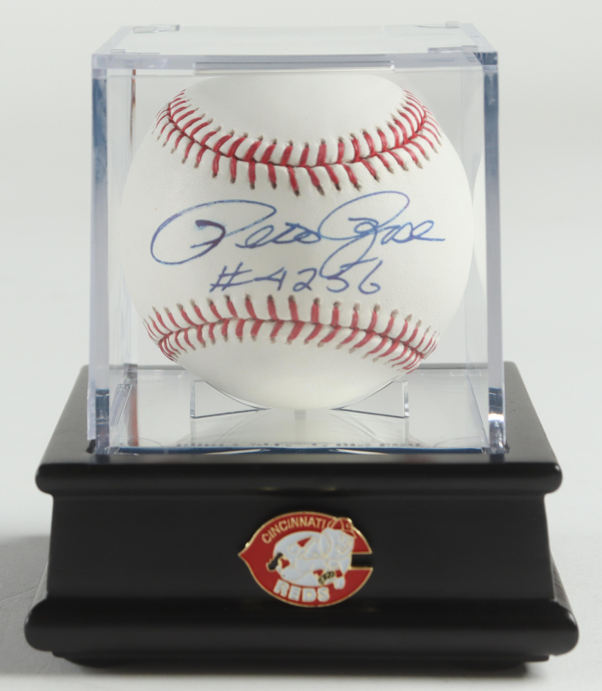 Pete Rose Signed OML Baseball Inscribed "4256" with Reds Display Case ...