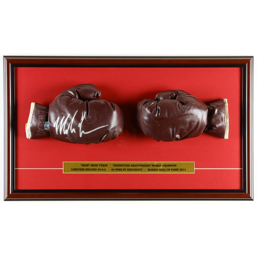 Mike Tyson Signed Custom Framed Vintage Everlast Boxing Glove Set with ...