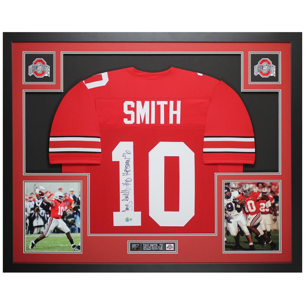 Troy Smith Signed Custom Framed Jersey Display Inscribed "Heisman 96 ...