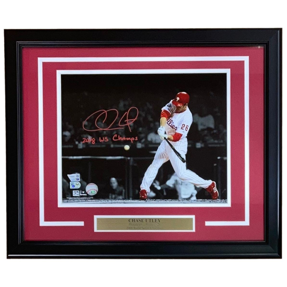 Chase Utley Signed Phillies Custom Framed Photo Inscribed "2008 WS ...