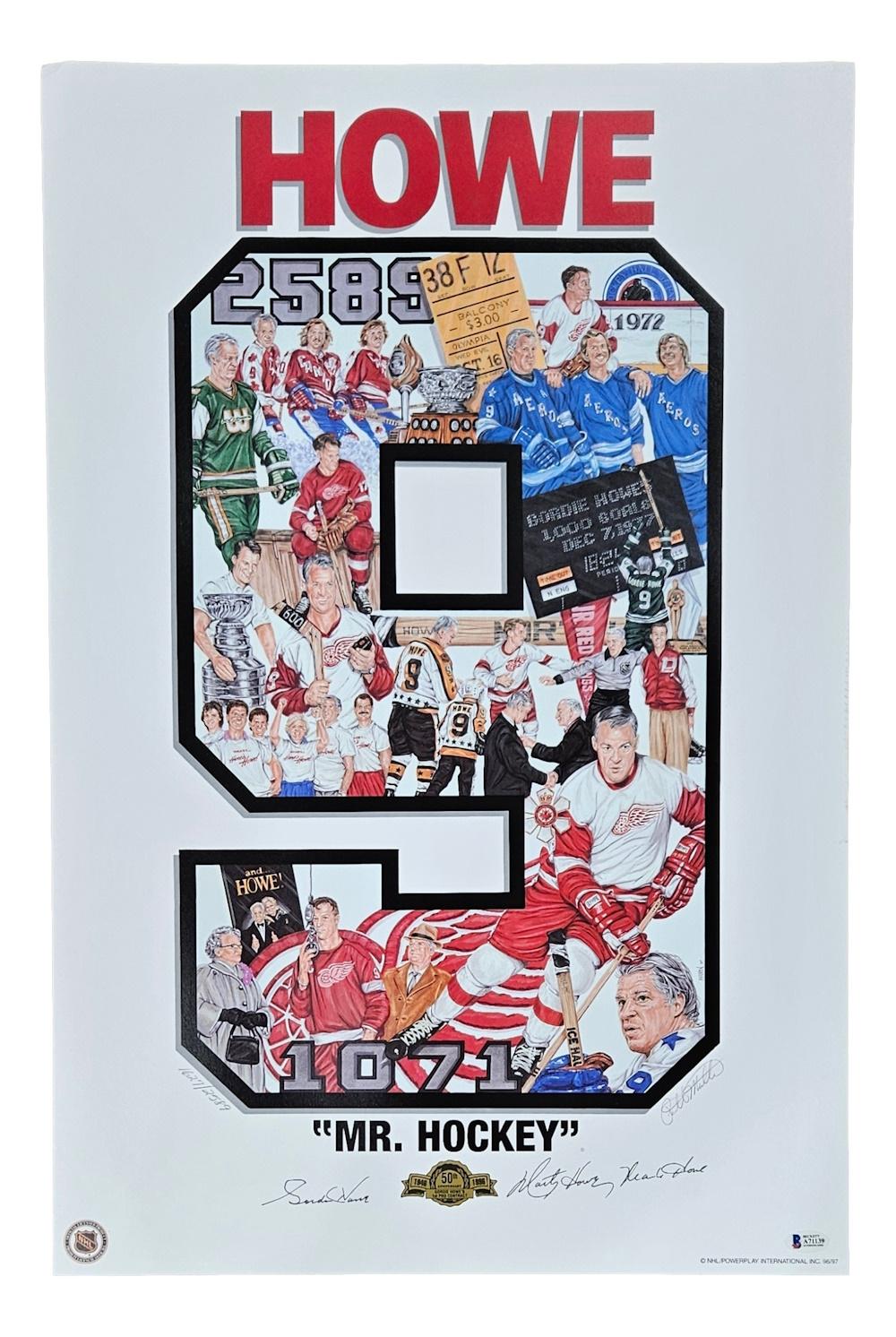 Gordie Howe, Mark Howe & Marty Howe Signed "Mr. Hockey" 18x27 50th ...
