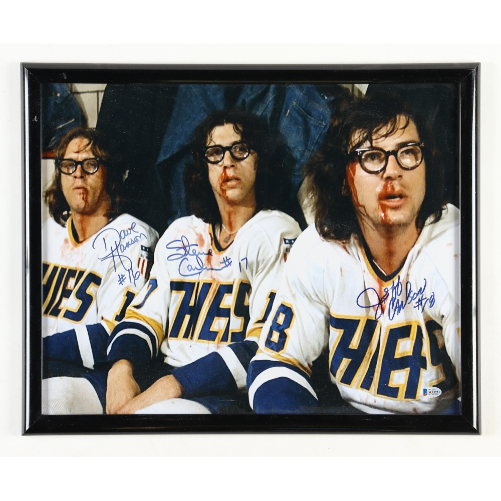 Dave Hanson, Steve Carlson & Jeff Carlson Signed "Slapshot" Custom Framed Photo Display (Beckett ...