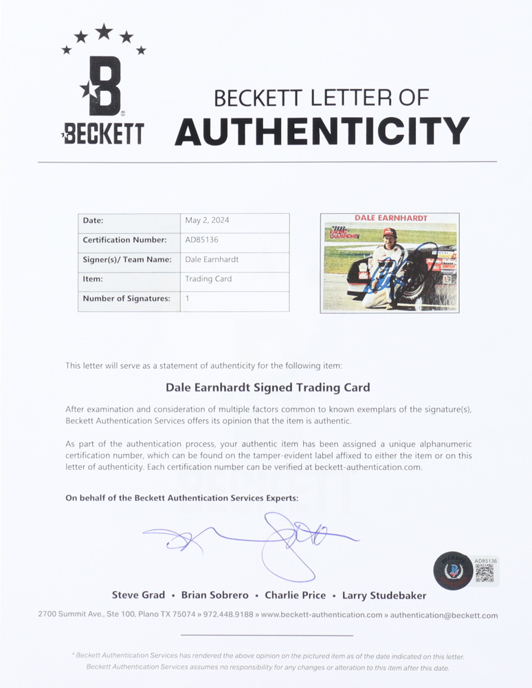 Dale Earnhardt Sr. Signed NASCAR Racing Champions Promo Card (Beckett ...