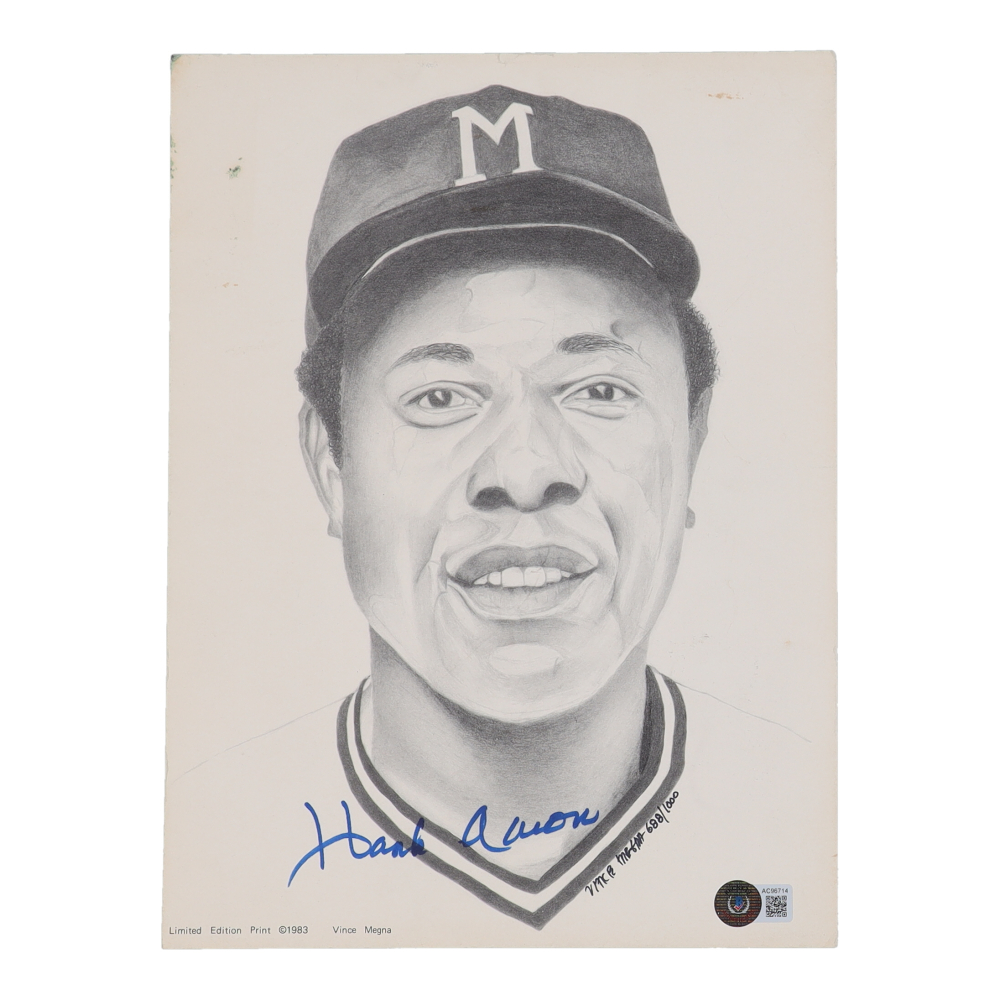 Hank Aaron Signed 1983 LE Brewers 9x12 Lithograph (Beckett) | Pristine ...