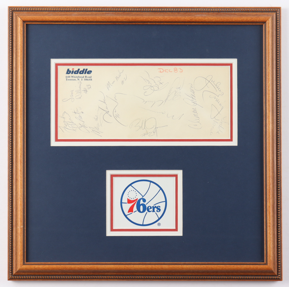 1983 76ers Custom Framed Envelope Signed By (13) With Julius "Dr. J ...