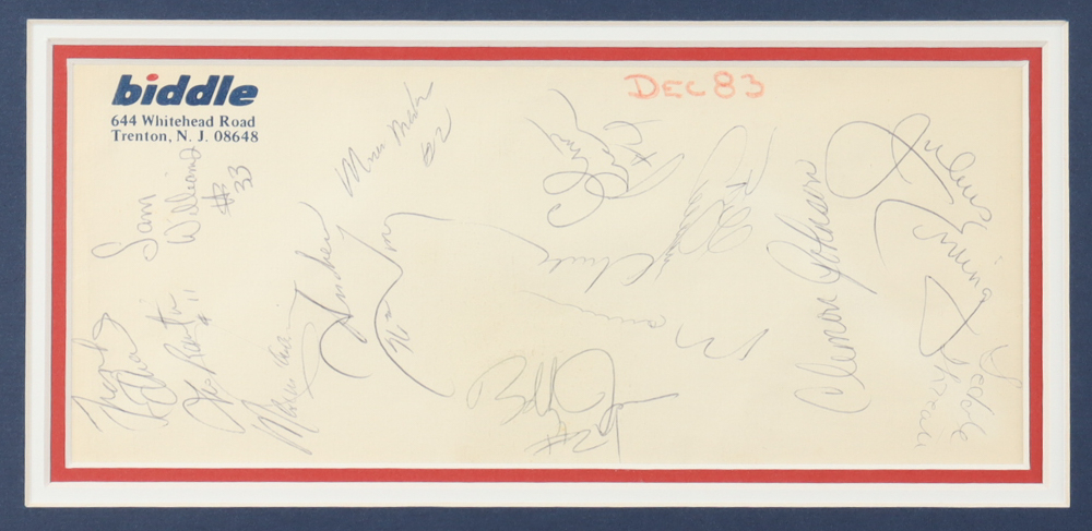 1983 76ers Custom Framed Envelope Signed By (13) With Julius "Dr. J ...