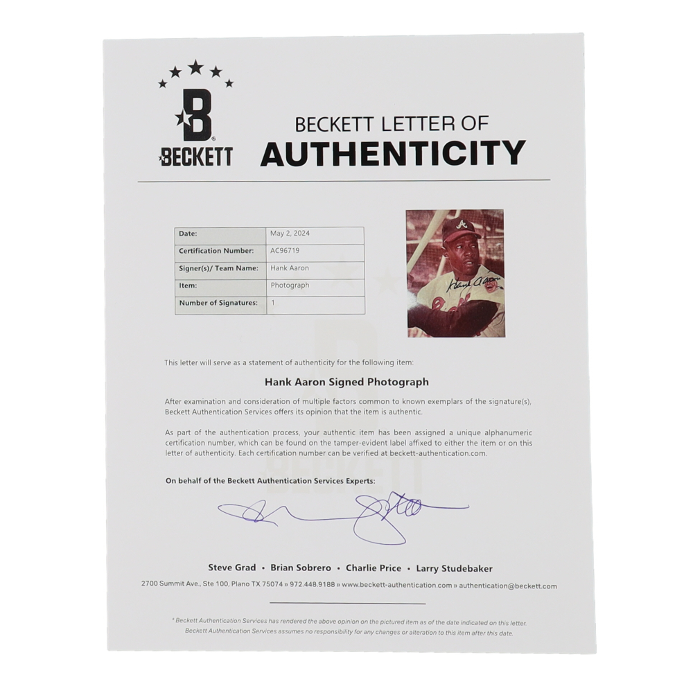 Hank Aaron Signed Braves 8x10 Photo (Beckett) | Pristine Auction