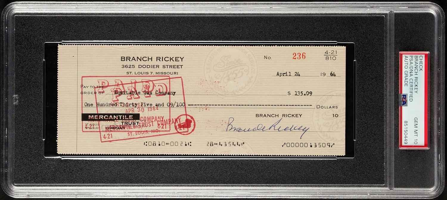Branch Rickey Signed 1964 Personal Bank Check (PSA | Autograph Graded ...