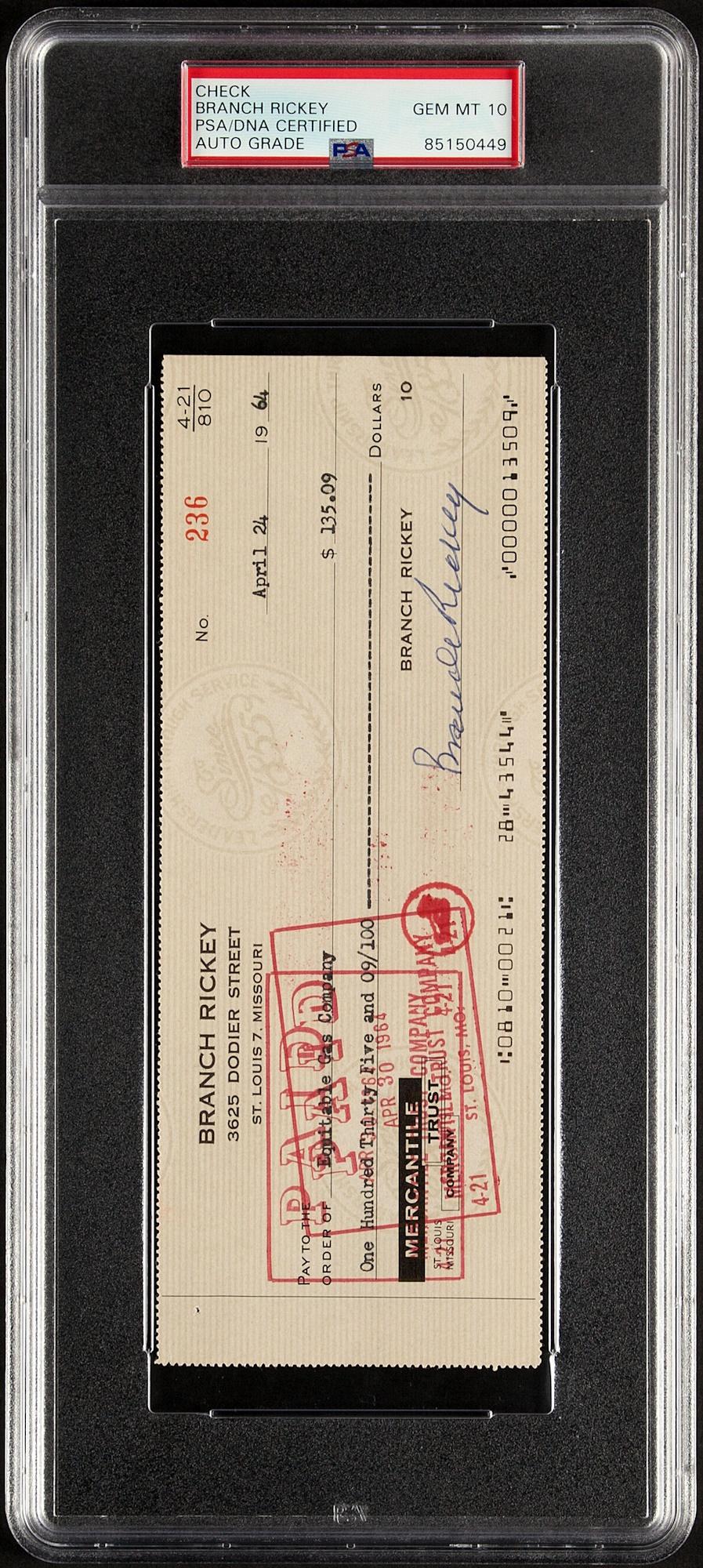 Branch Rickey Signed 1964 Personal Bank Check (PSA | Autograph Graded ...