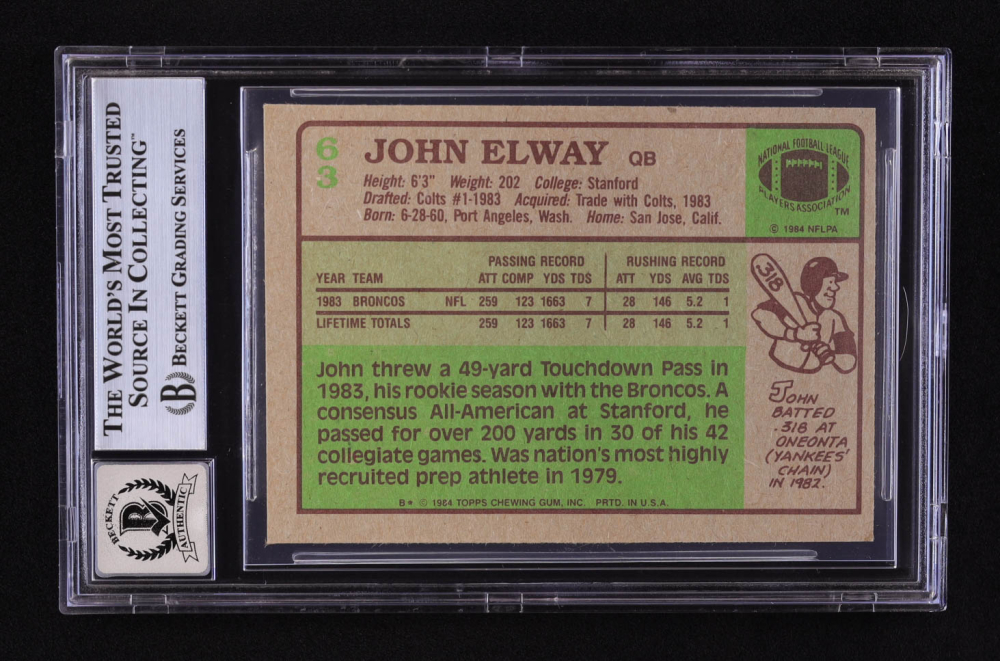 John Elway Signed 1984 Topps #63 RC (BGS | Autograph Graded BGS 10 ...