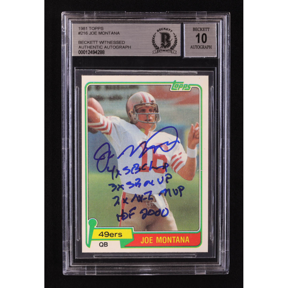 Joe Montana Signed 1981 Topps #216 RC with Multiple Inscriptions (BGS ...