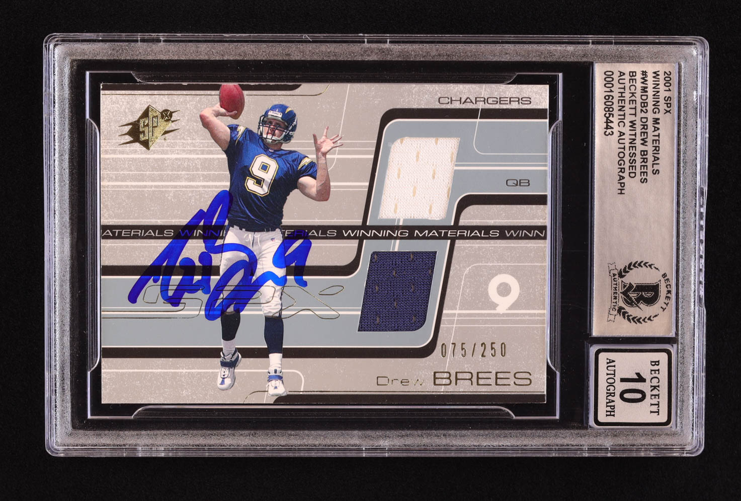 Drew Brees Signed 2001 SPx Winning Materials #WMDB2 RC #75/250 (BGS ...
