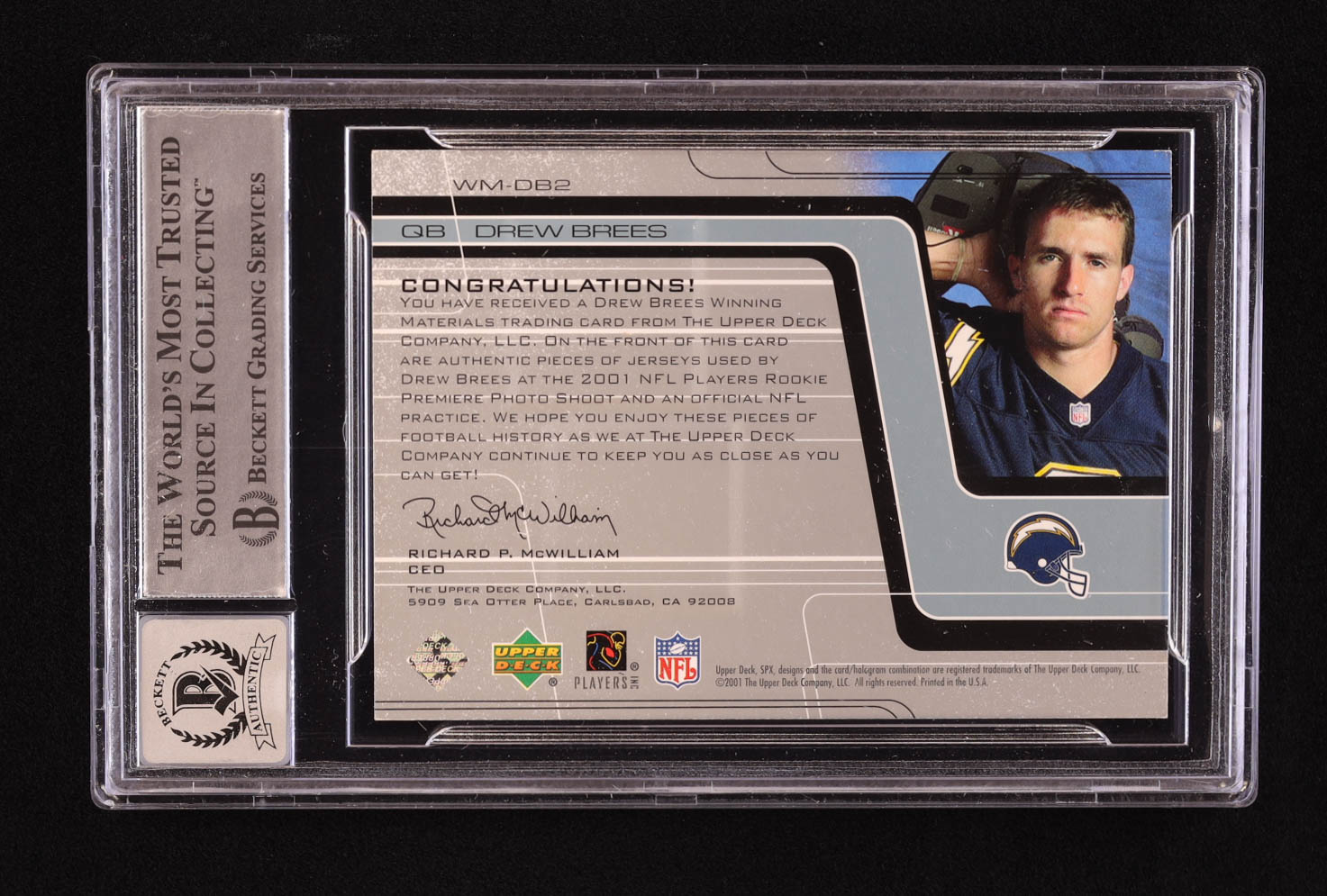 Drew Brees Signed 2001 SPx Winning Materials #WMDB2 RC #75/250 (BGS ...