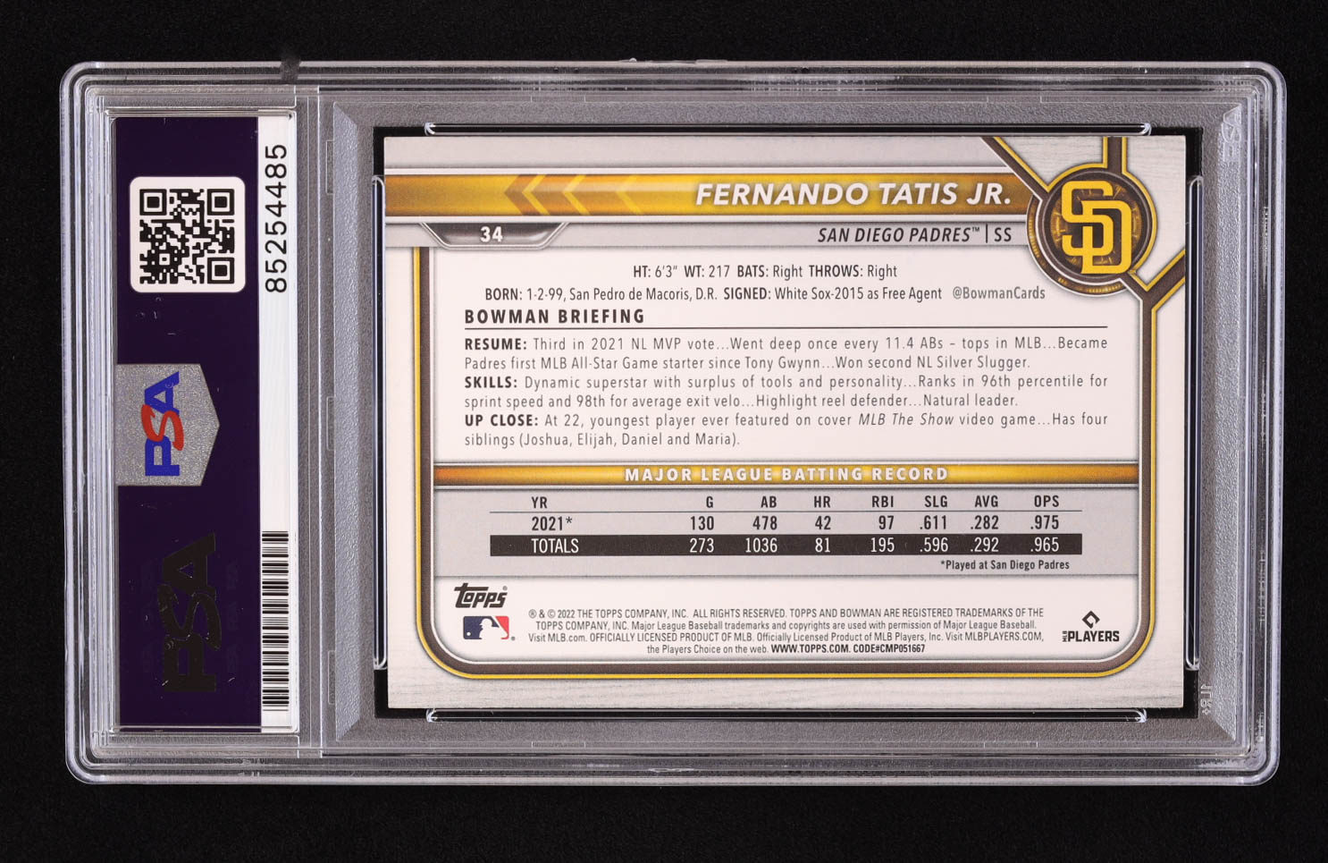 Fernando Tatis Jr. Signed 2022 Bowman #34 (PSA | Auto 9) | Pristine Auction