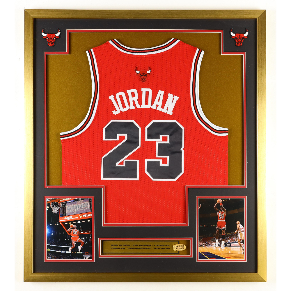 Michael Jordan Custom Framed Jersey Display With 1998 NBA Finals Gold Emblem With (2) Cloth Logo ...
