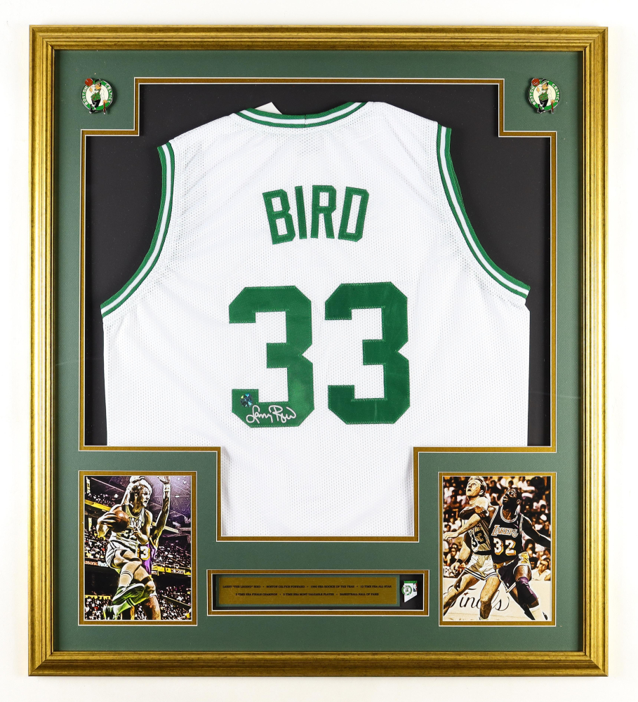 Larry Bird Signed Custom Framed Jersey Display With 1986 Celtics Championship Pin & (2) Metal ...