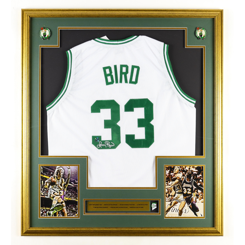 Larry Bird Signed Custom Framed Jersey Display With 1986 Celtics Championship Pin & (2) Metal ...