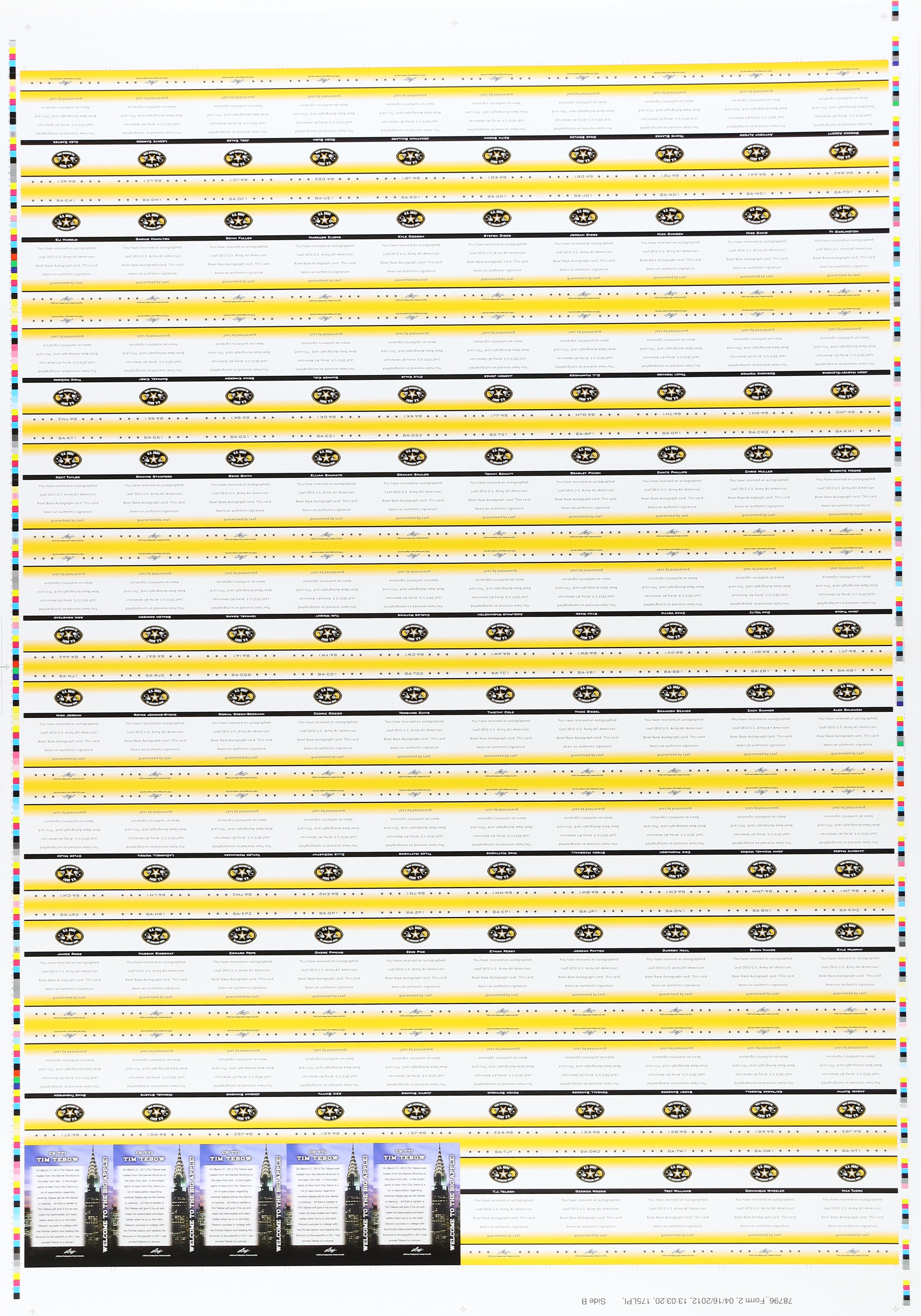 Uncut Sheet of (100) 2012 Leaf US Army All-American Bowl Cards ...
