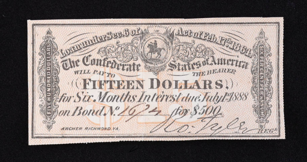 1864 Confederate States of America $15 Fifteen Dollars Bank Note ...