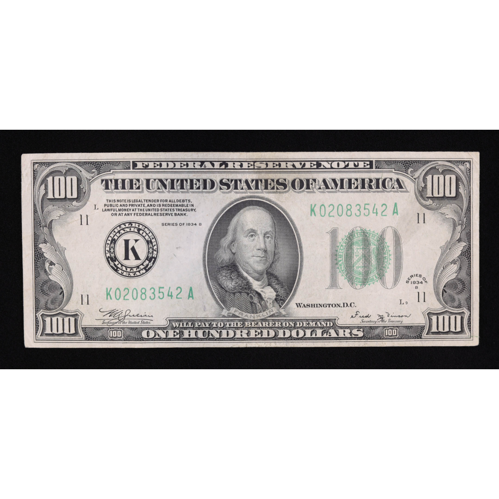 1934-B United States Federal Reserve Note $100 One Hundred Dollar Bank ...