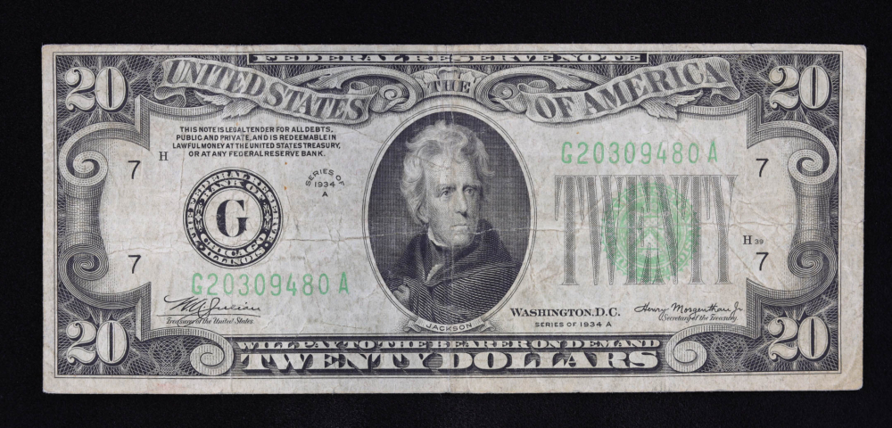 1934-A United States Federal Reserve Note $20 Twenty Dollar Bank Note ...
