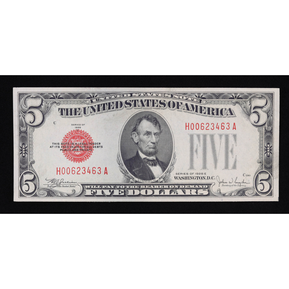 1928-E United States Red Seal $5 Five Dollar Bank Note | Pristine Auction