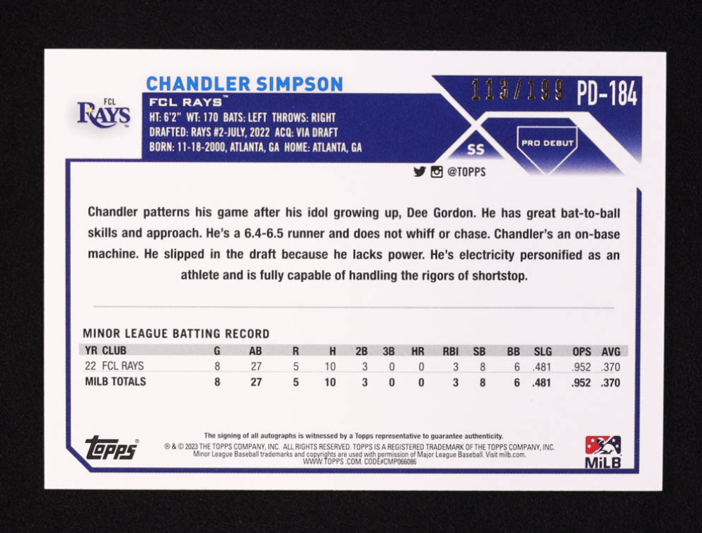 Chandler Simpson 2023 Topps Pro Debut Autographs Sparkle Foil #PD184 RC ...