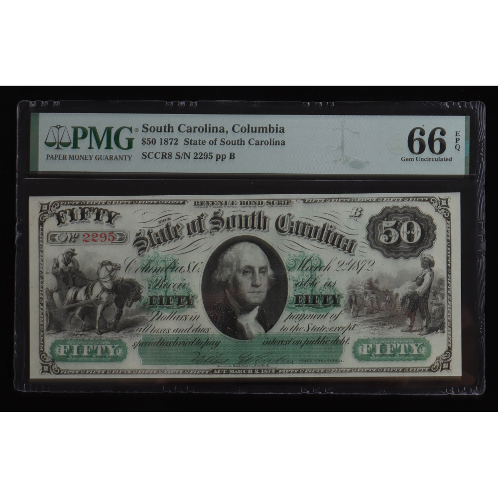 1872 State of South Carolina $50 Revenue Bond Script (PMG GU66 ...